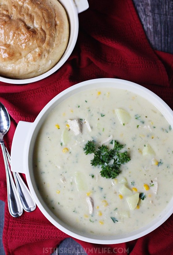 Creamy Chicken And Corn Chowder With Sweet Potatoes Half Scratched