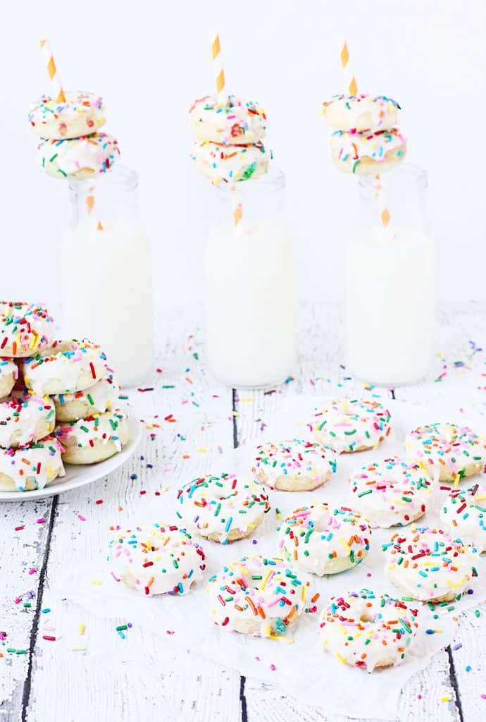 Mini Funfetti Cake Mix Donuts with Vanilla Glaze - Half-Scratched